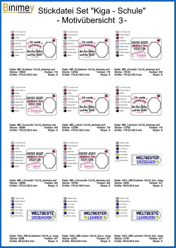 Stickdatei Set Abschied Kiga Schule - Binimey